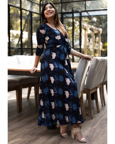 Black and blue lotus motif block printed dress by Athira Designs | The ...