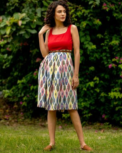 Ruby red multi color ikat dress by Indigo Dreams | The Secret Label