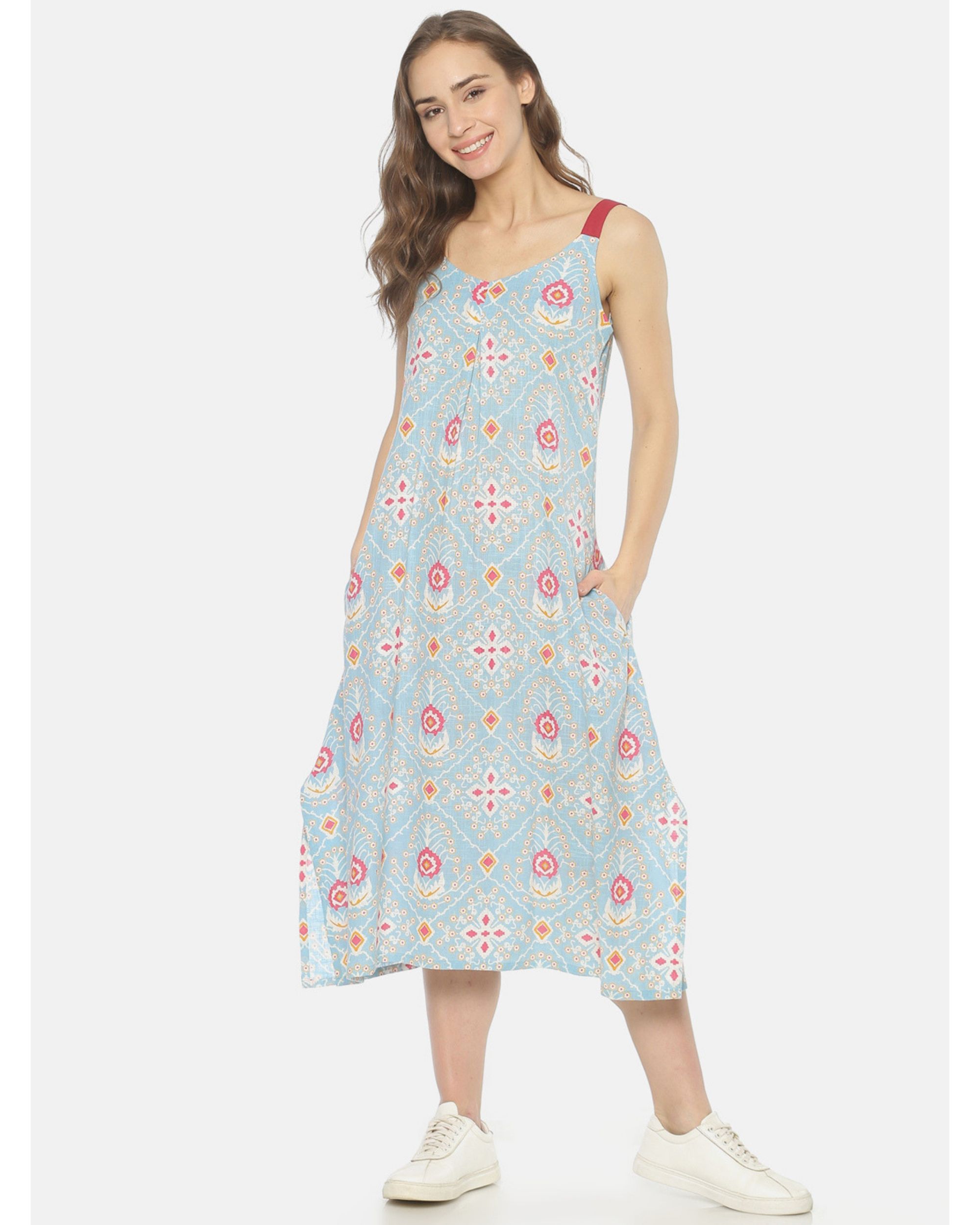 Light blue jaal printed spaghetti dress by UNTUNG | The Secret Label