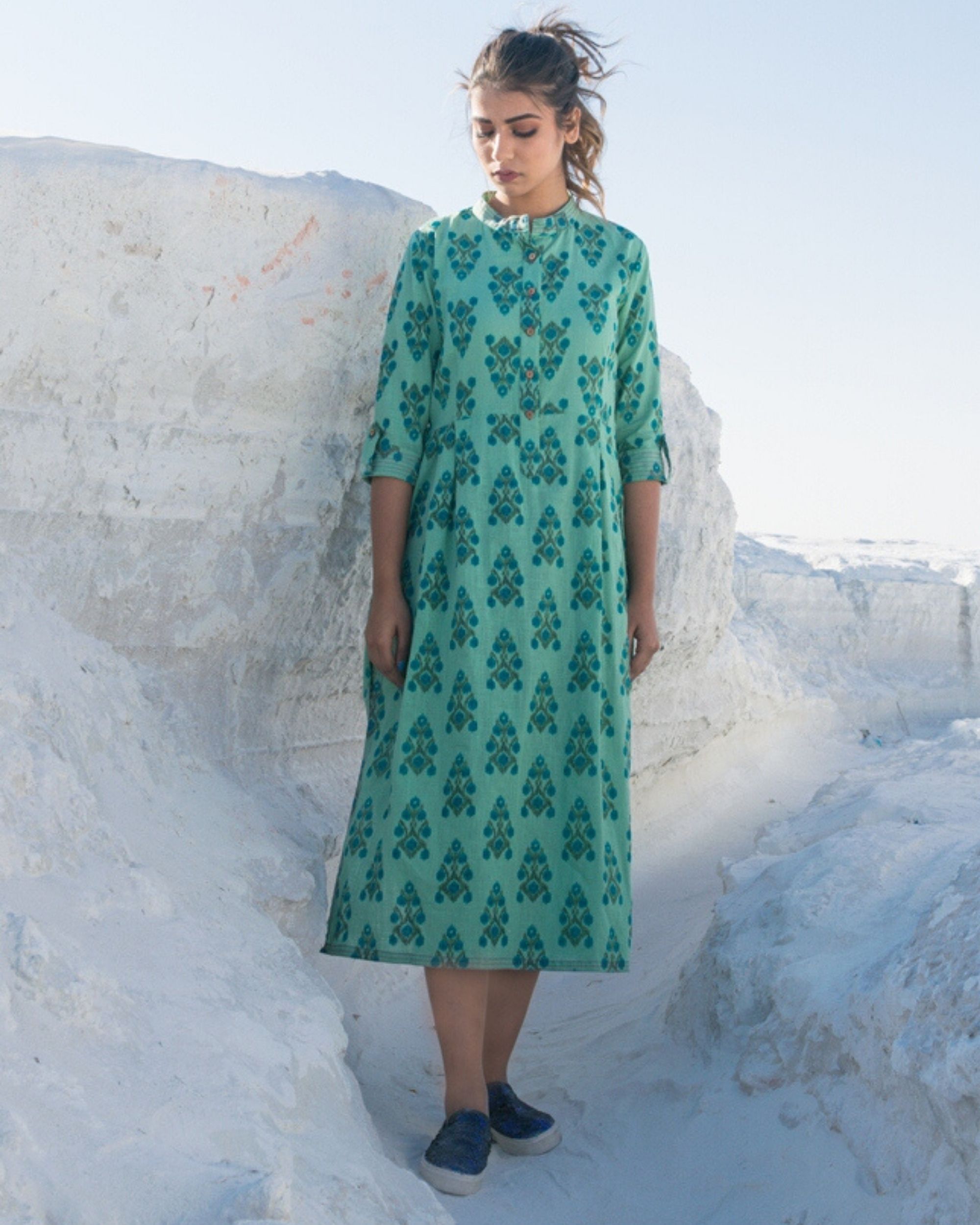 Sea green ikat buttoned dress by The Home Affair | The Secret Label