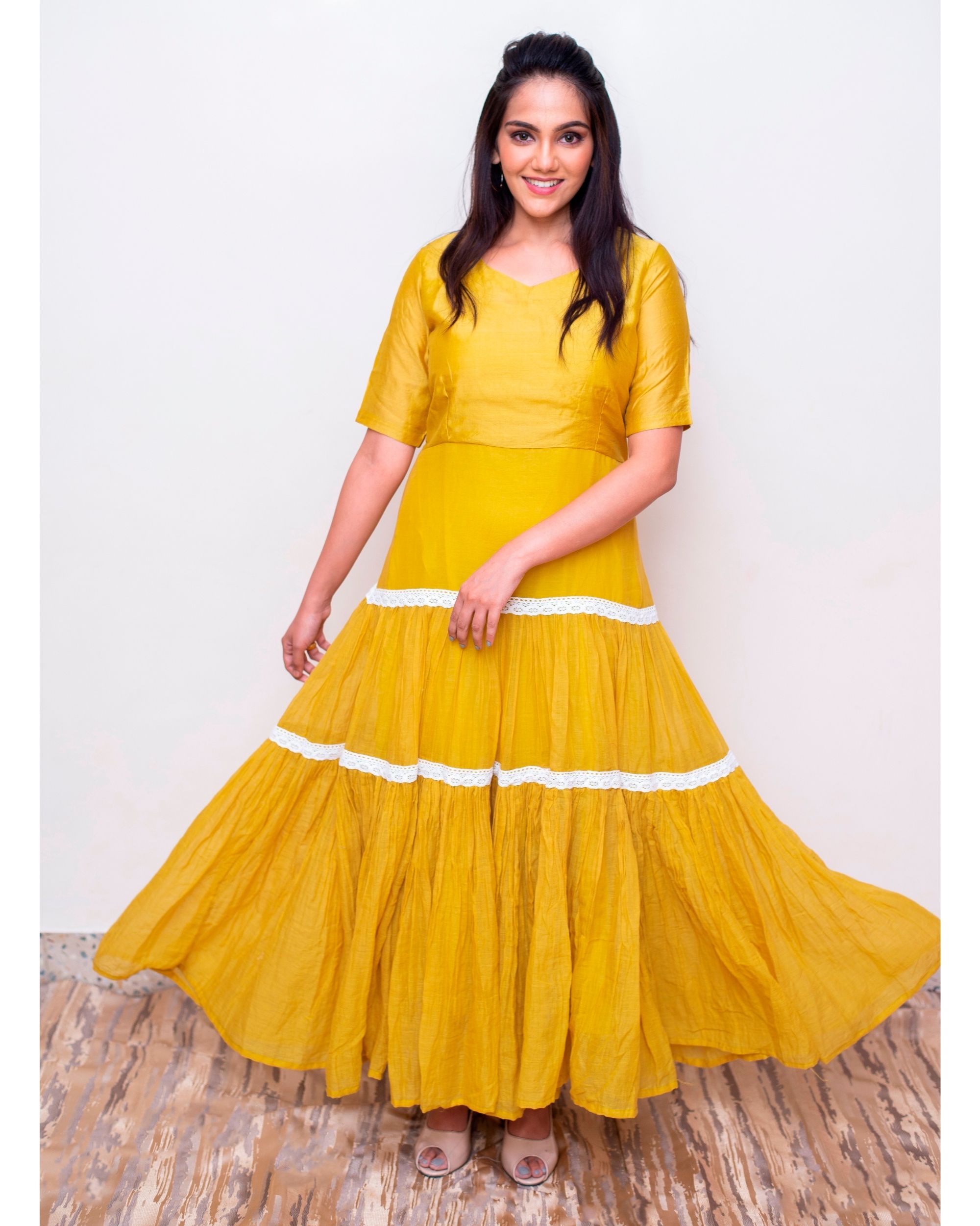 Mustard yellow tiered lace dress by Label Hina Jain | The Secret Label
