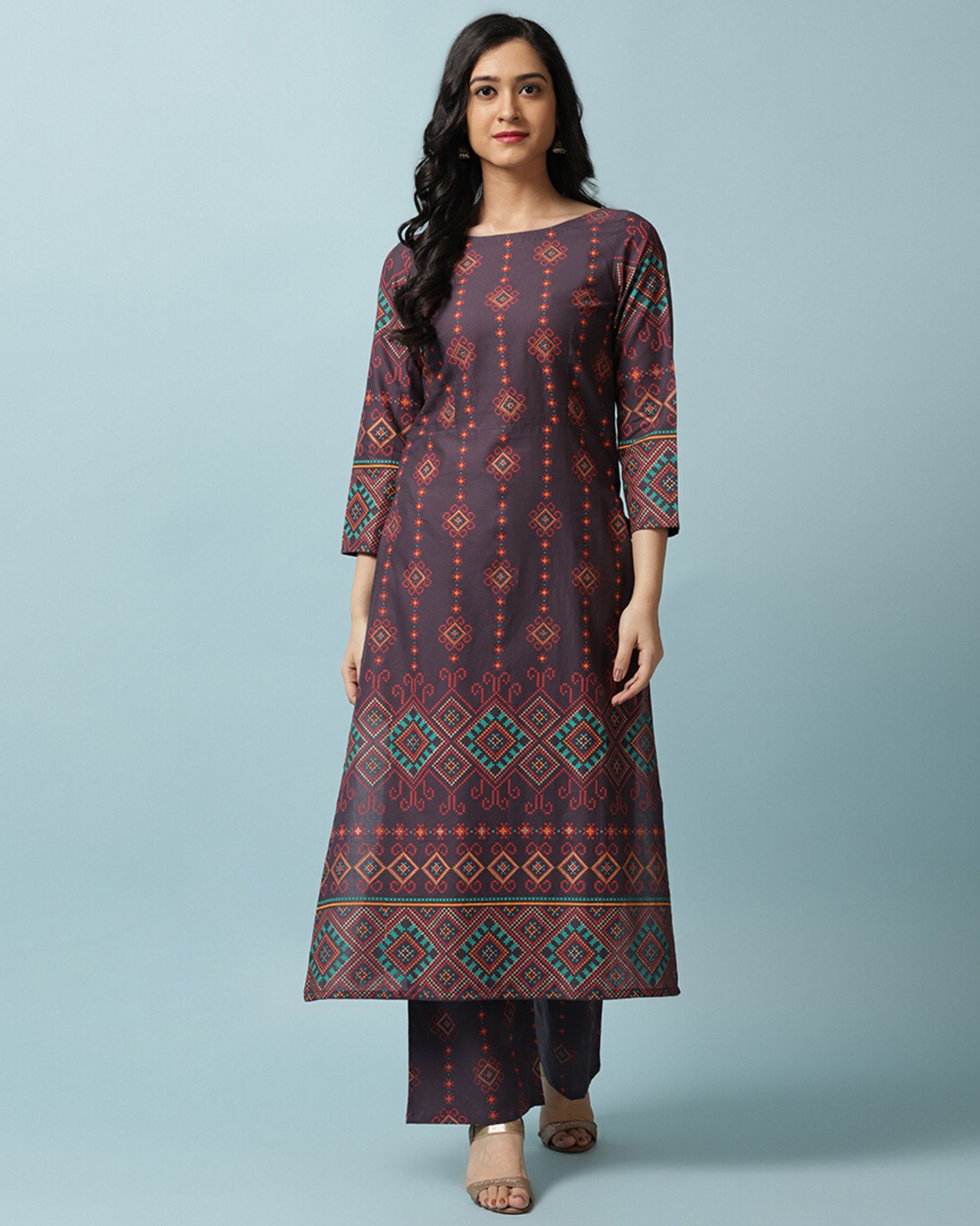 Dark grey panel printed kurta and palazzo- Set Of Two by Rivaaj | The ...