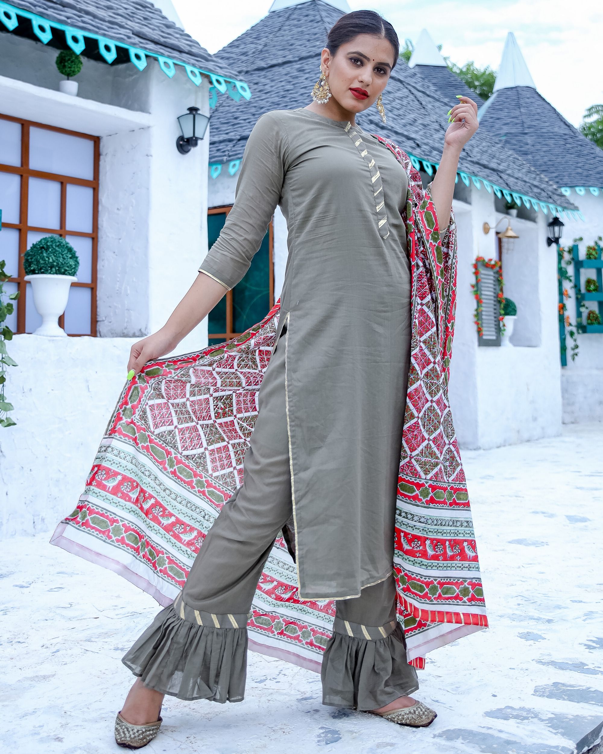 Green gota detailed kurta with frilled pants with dupatta- Set Of Three ...