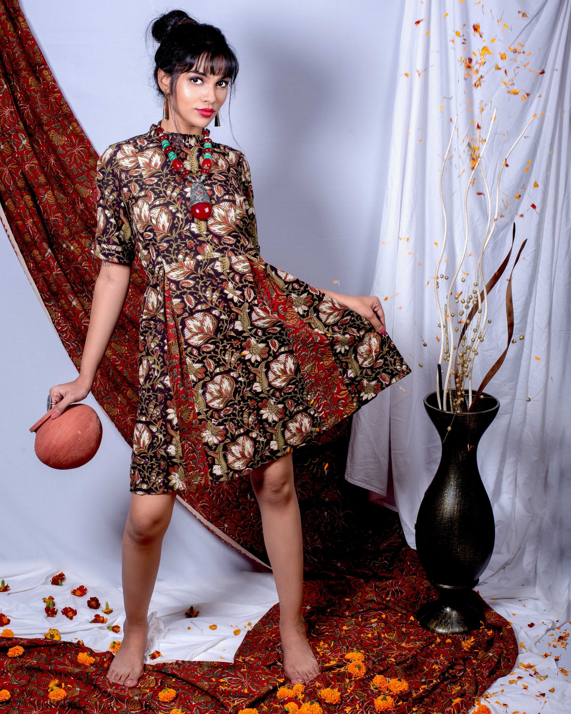 Floral block printed dress with godet pleats by KA | The Secret Label