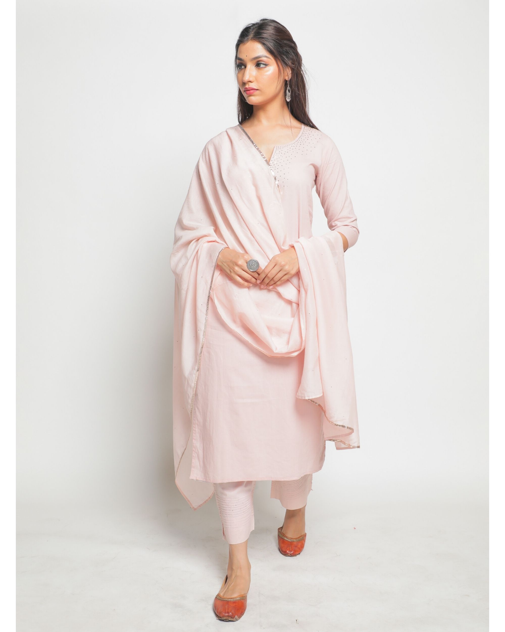 Old rose badla work kurta and pants with dupatta- Set Of Three by ...