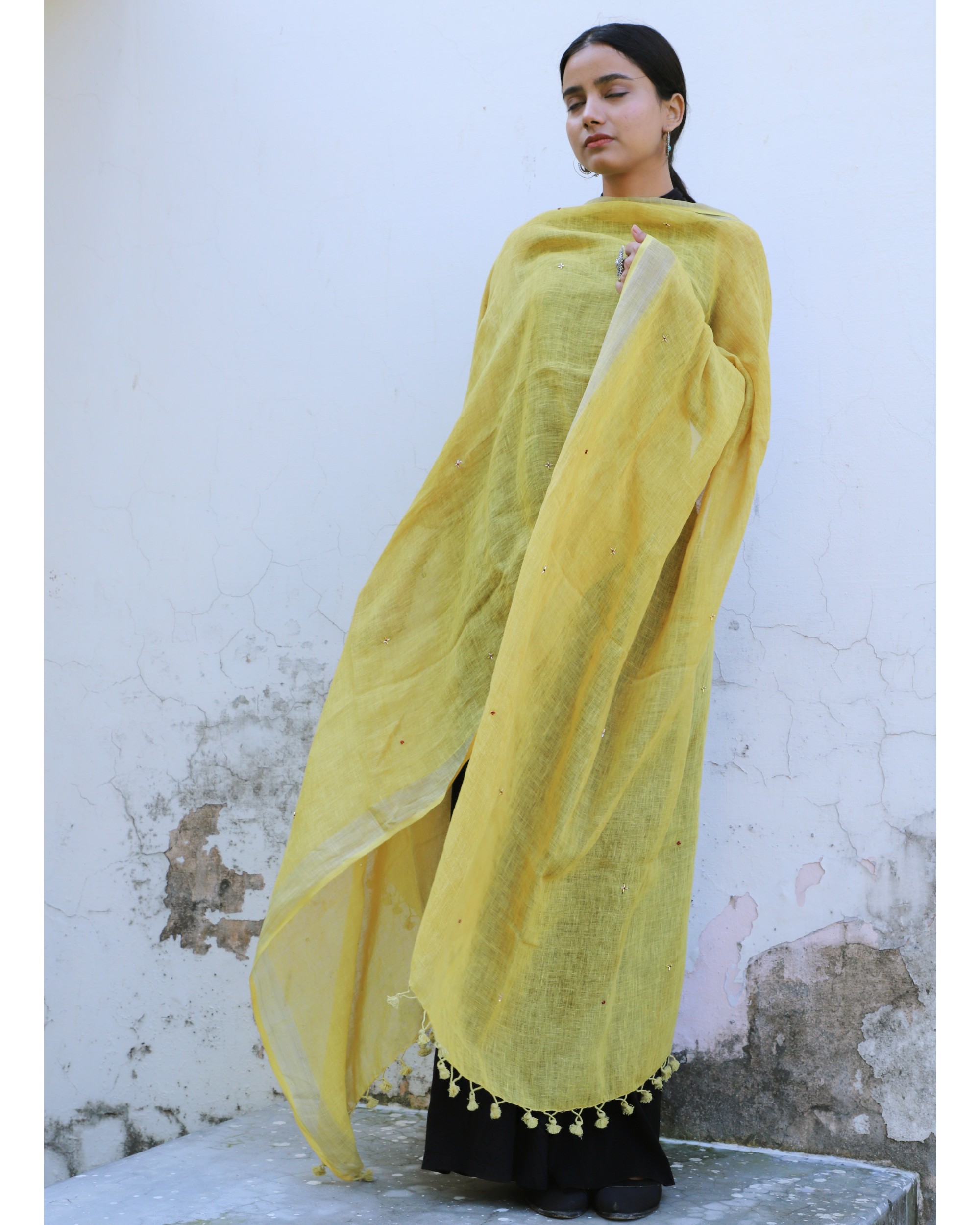 Yellow hand embroidered dupatta by Kavana | The Secret Label