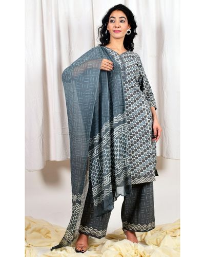 Grey and white hand block printed kurta and palazzo with chiffon dupatta - Set Of Three by ...