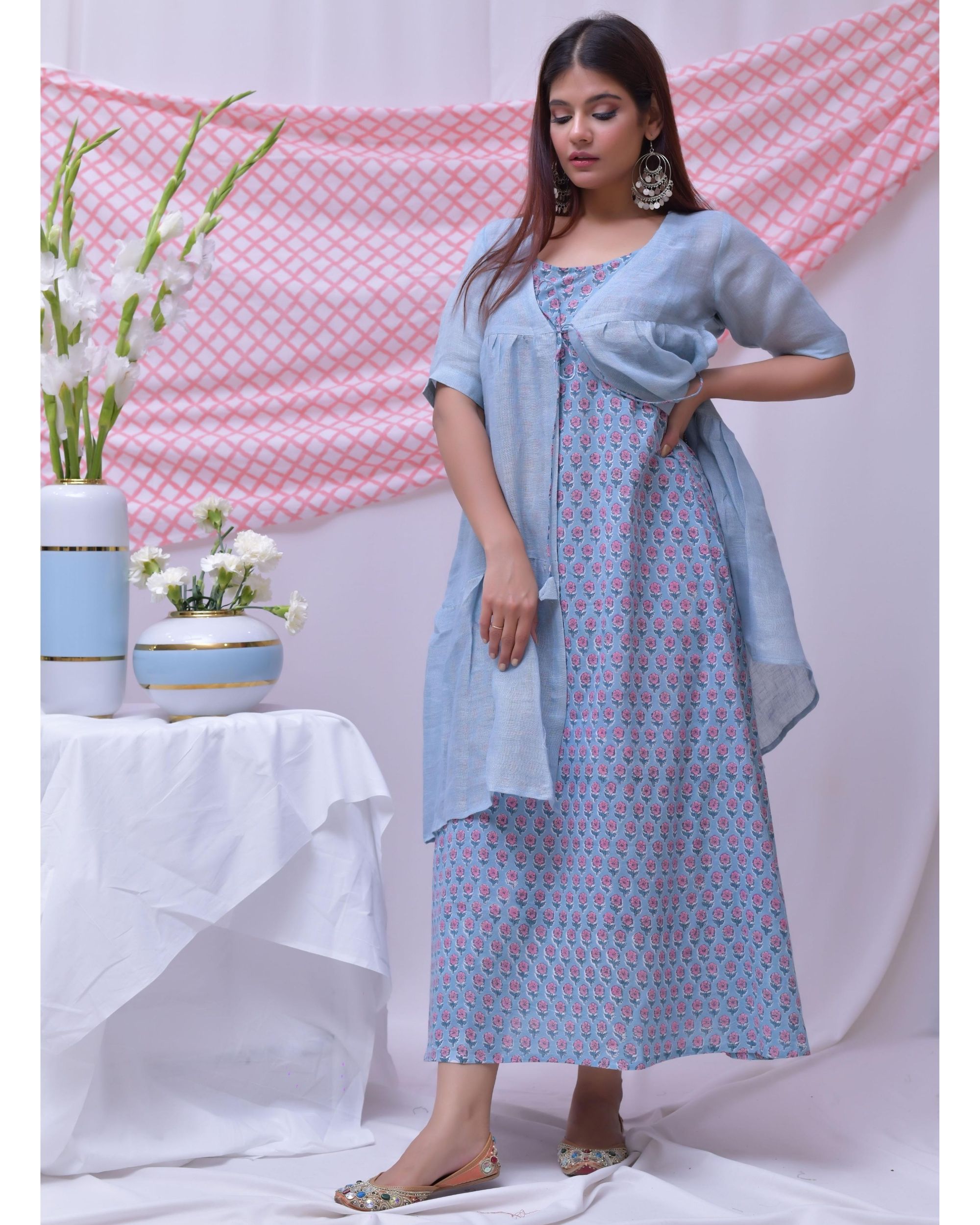 Powder blue floral hand block printed dress with linen cover up - Set ...