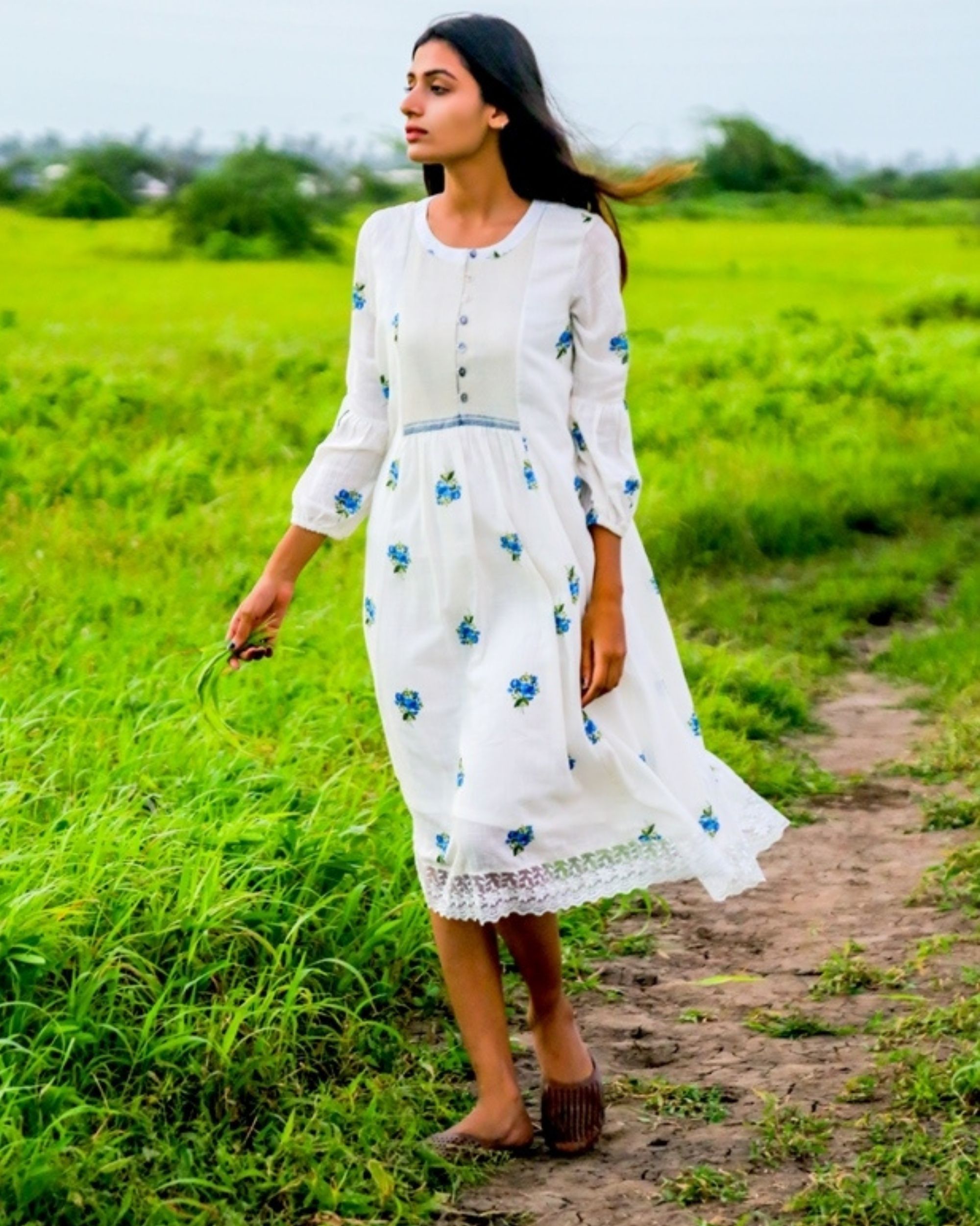 White and blue floral gathered yoke dress by The Cutting Story | The ...