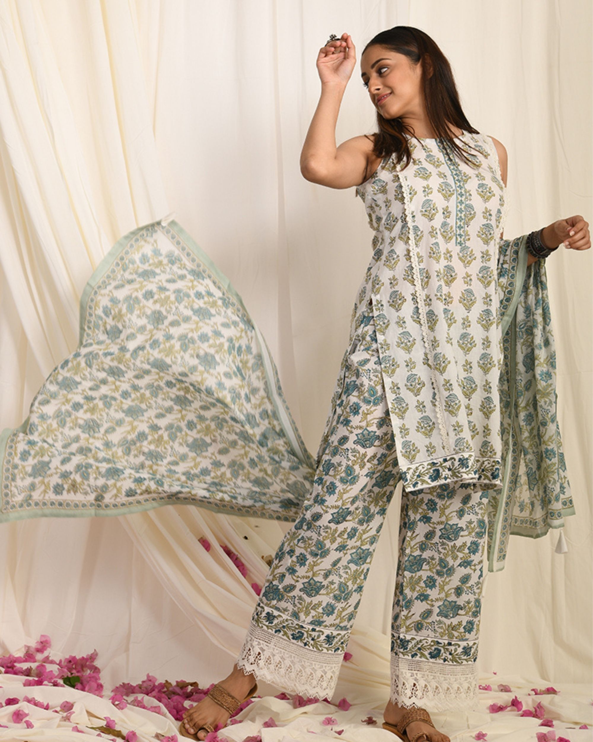 Turquoise And Green Floral Printed Lace Kurta And Palazzo With Dupatta Set Of Three By Itraake
