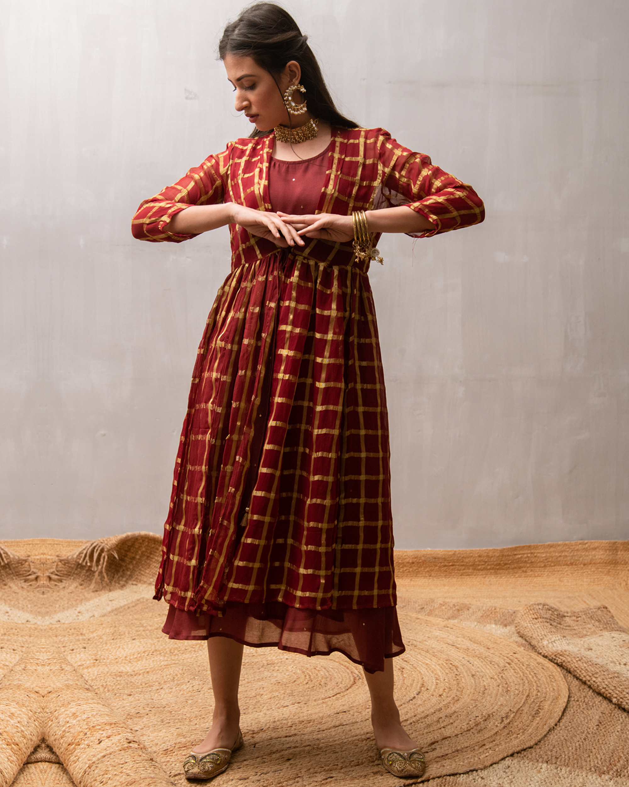 Rust and gold sequined dress with checkered cover up - Set Of Two by ...