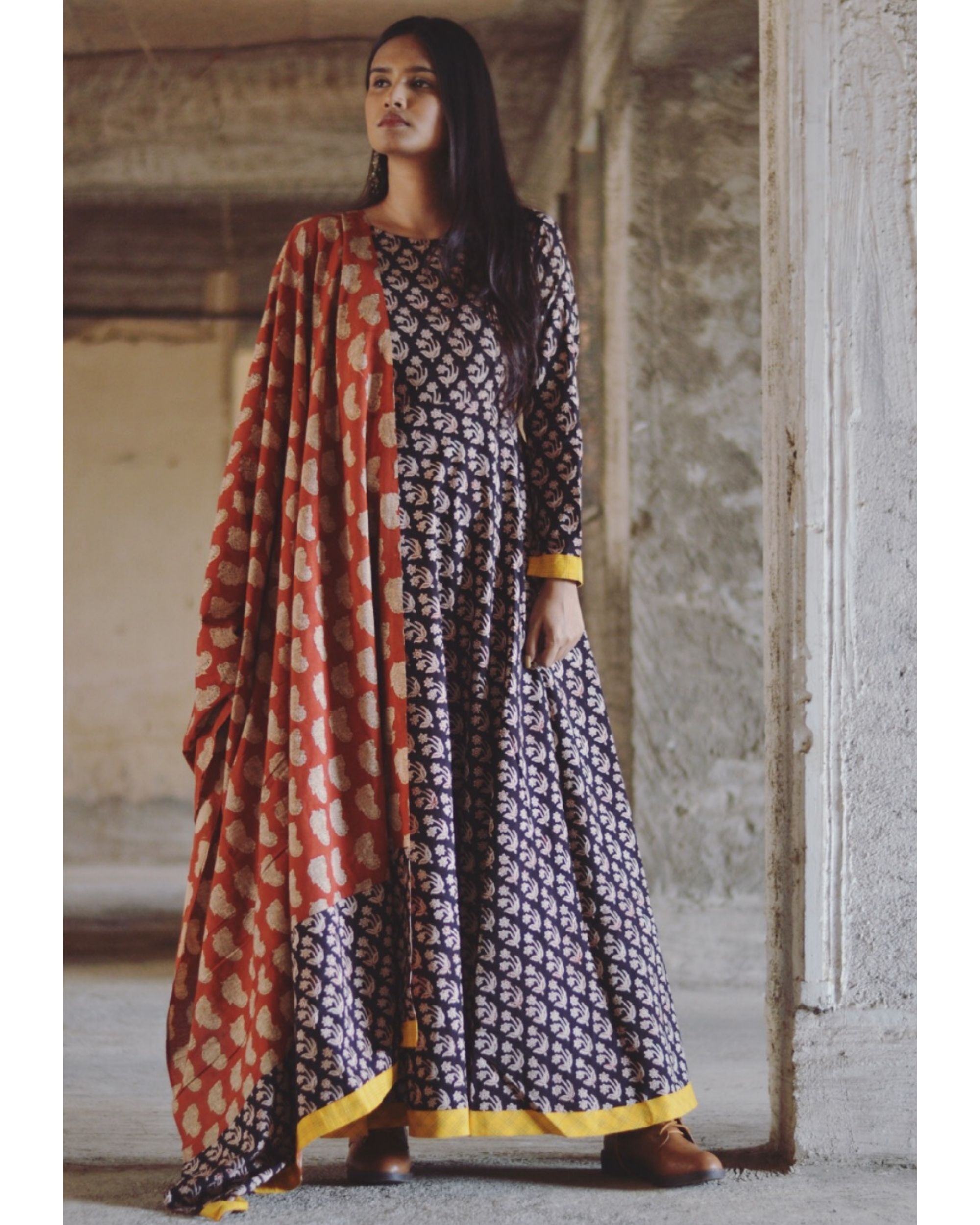 Black tribal printed dress with printed red dupatta - Set Of Two by Tie ...