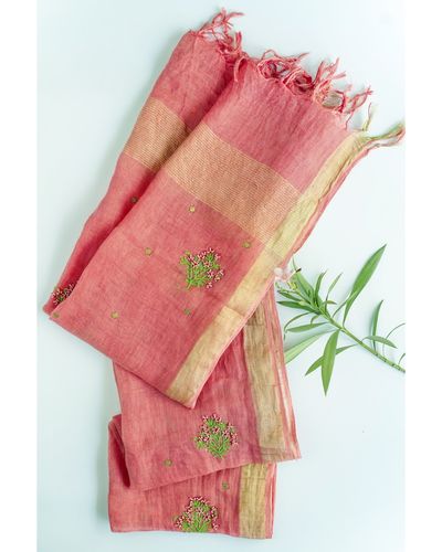 Pink floral bead embroidered linen dupatta with stripes detailing by ...