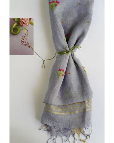Grey floral bead embroidered linen dupatta by Khes | The Secret Label
