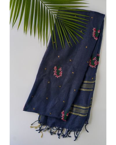 Indigo floral bead embroidered linen dupatta by Khes | The Secret Label