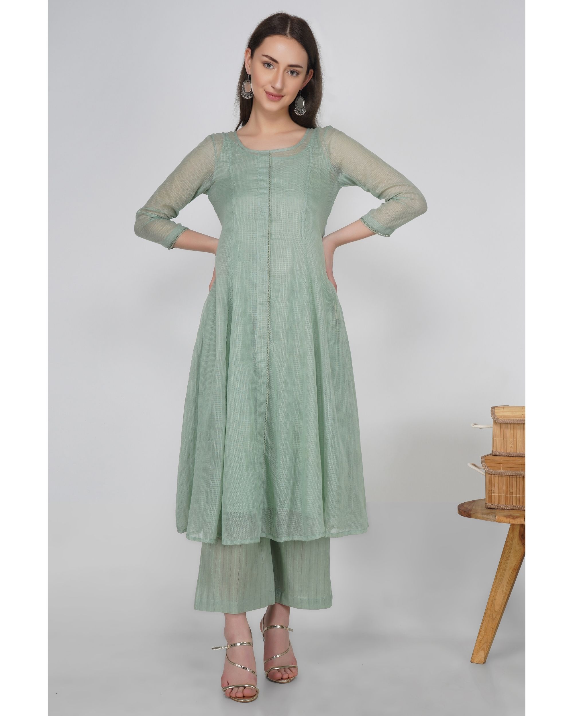 Green flared paneled kurta with inner slip - Set Of Two by Vintage Loom ...
