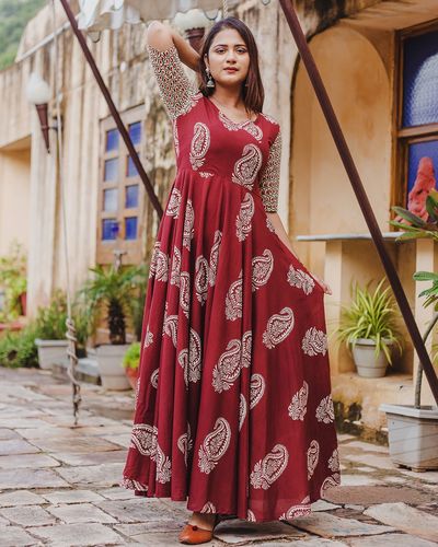 Maroon block print paisley dress by Prints Valley | The Secret Label