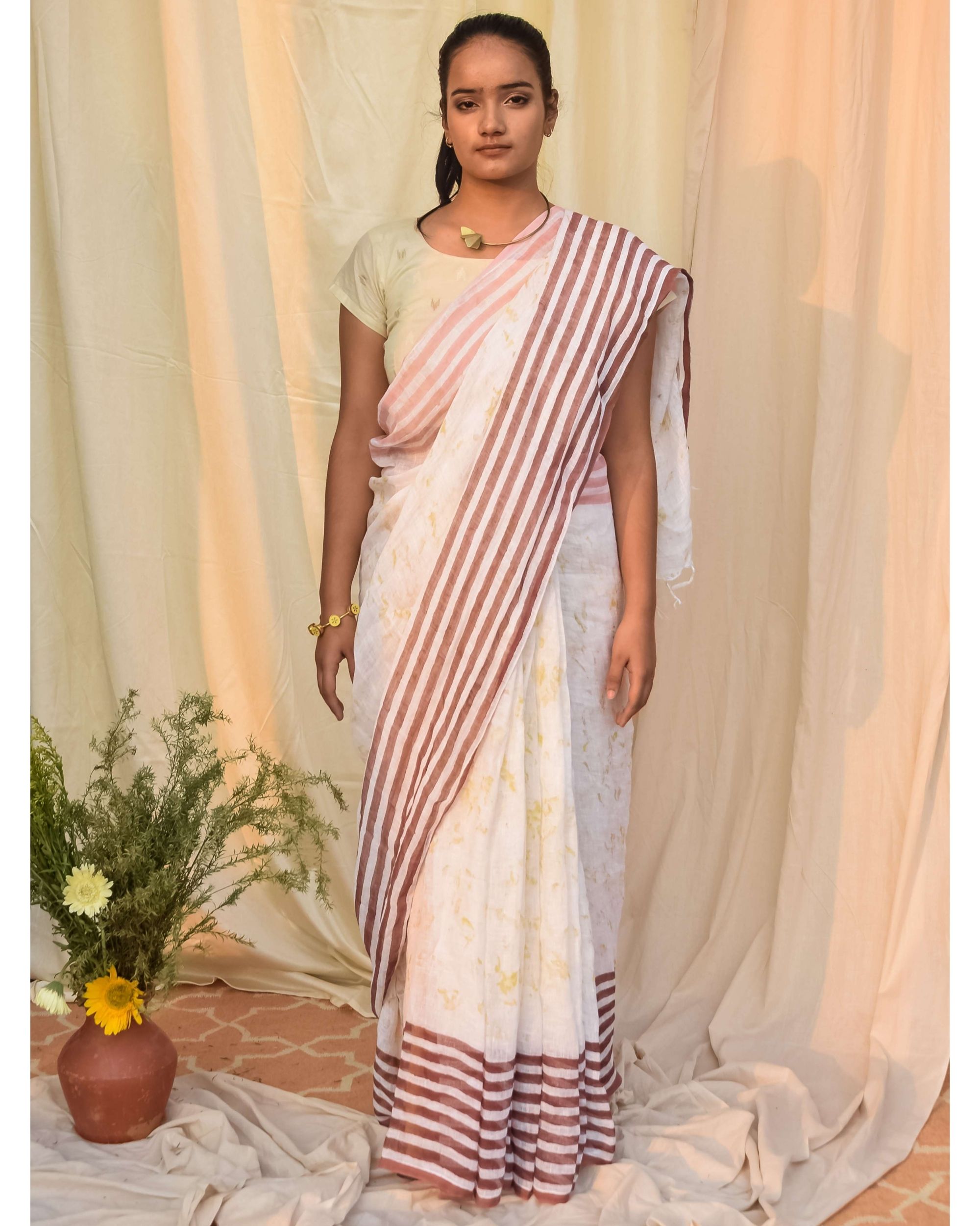 Maroon and pink striped hand painted sari by Kavana | The Secret Label