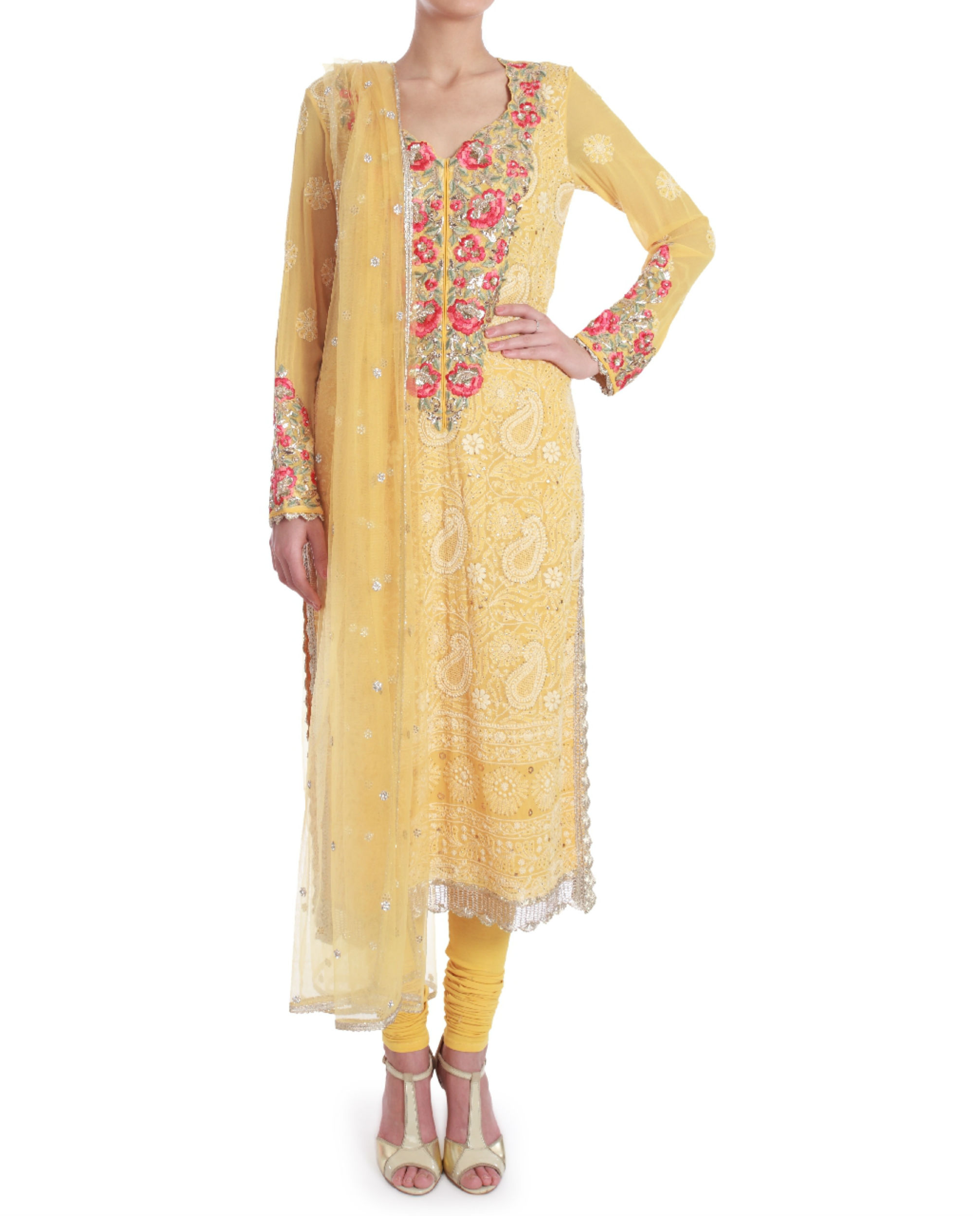 Yellow demure lucknowi chikan kurta set by Dolly J | The Secret Label