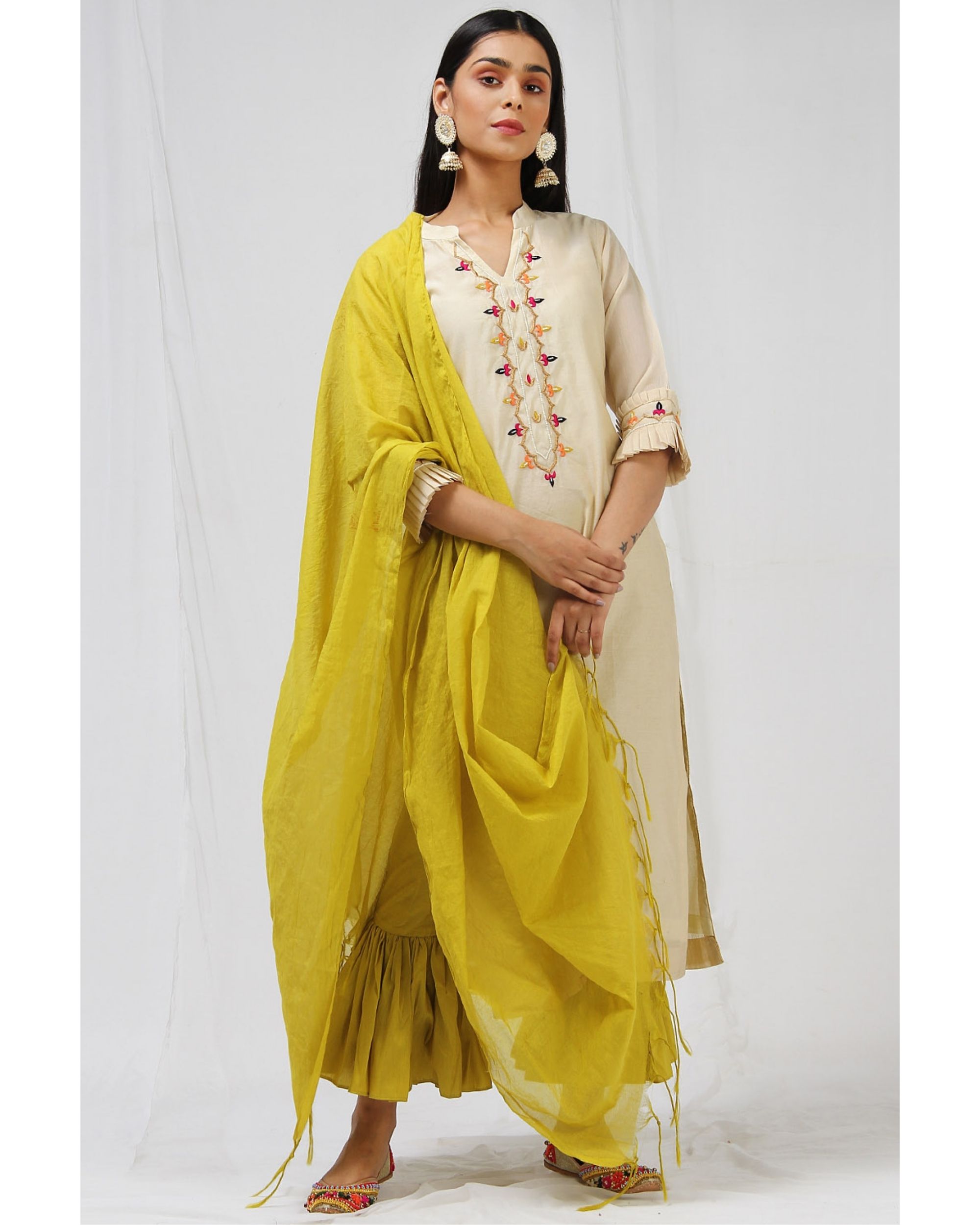 Chanderi beige green suit set - set of three by Tailoring Lab Designs ...