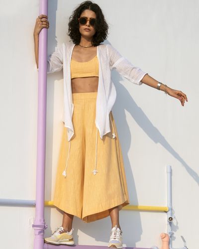 Yellow bralette and palazzo with white shrug - set of three by Gulaal ...
