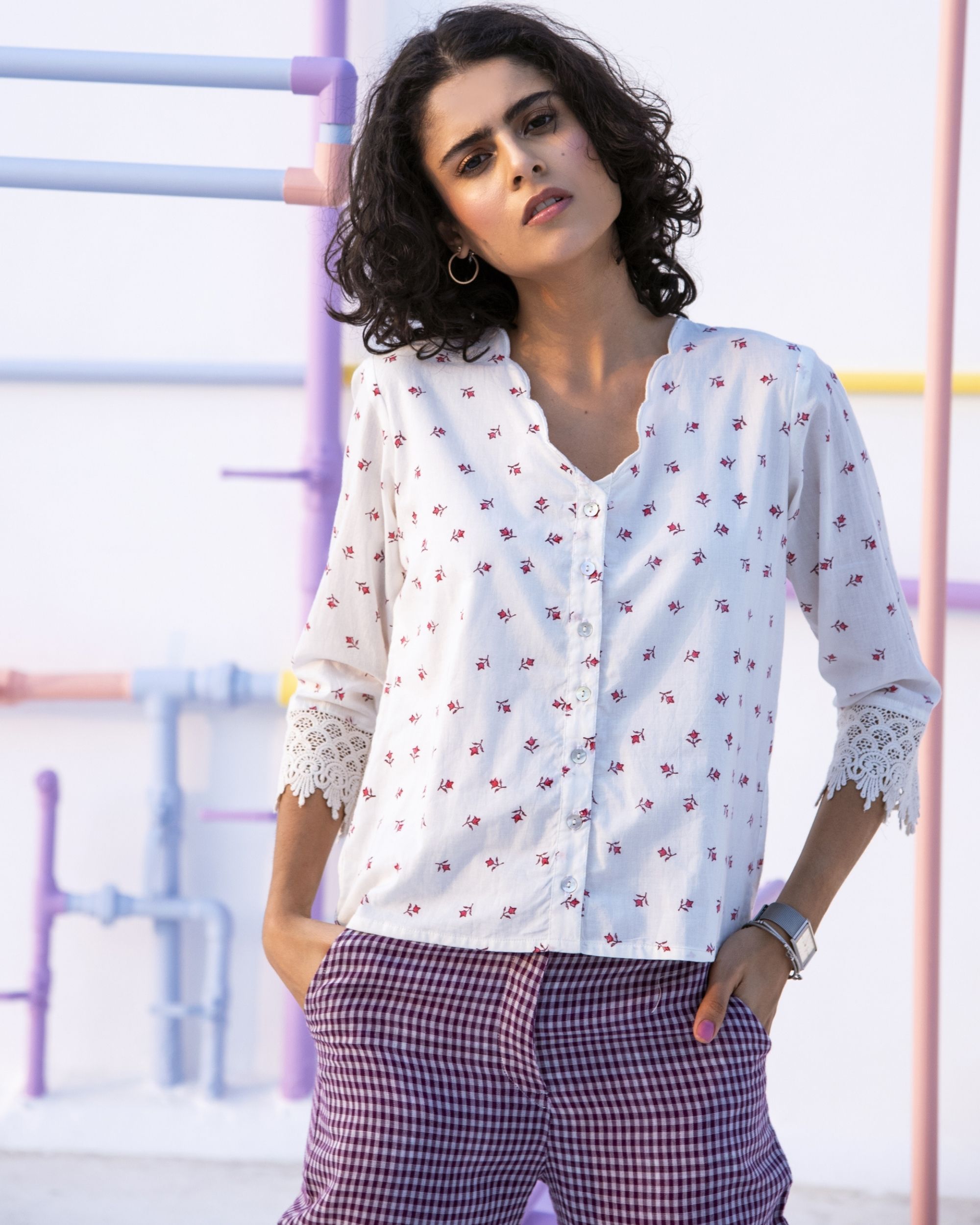 White printed scalloped neckline top by Gulaal | The Secret Label