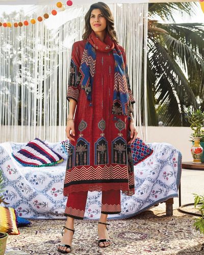 Maroon ajrakh digital printed kurta and pants with dupatta - set of ...