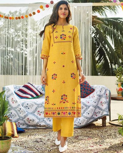 Yellow digital printed linen kurta and pants - set of two by Satya ...