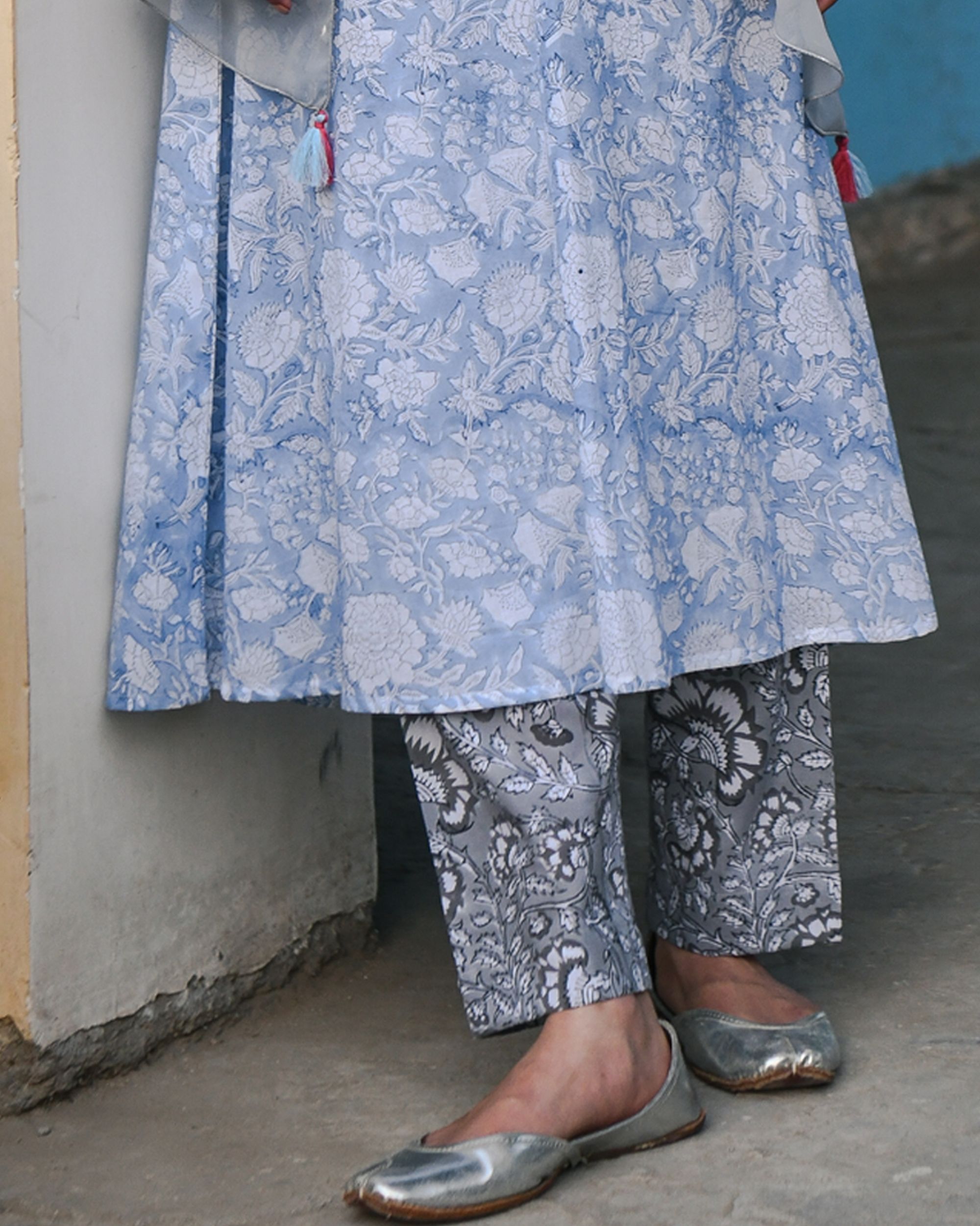 Alhan grey hand block printed pants by Gulaal | The Secret Label