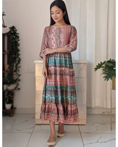 Pink & cyan printed layered dress by Half Full Half Empty | The Secret ...