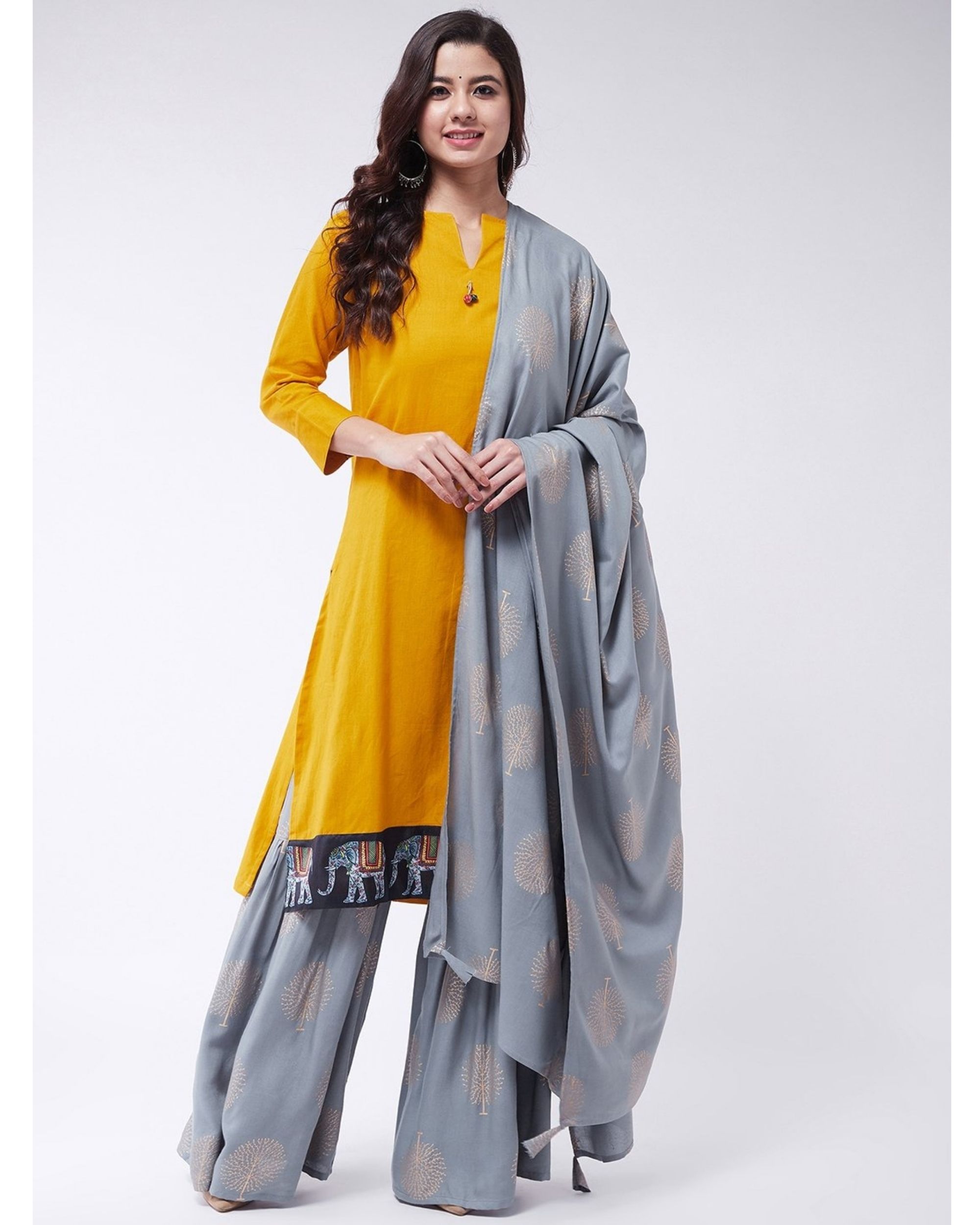 Mustard elephant printed kurta with grey sharara and dupatta - set of ...