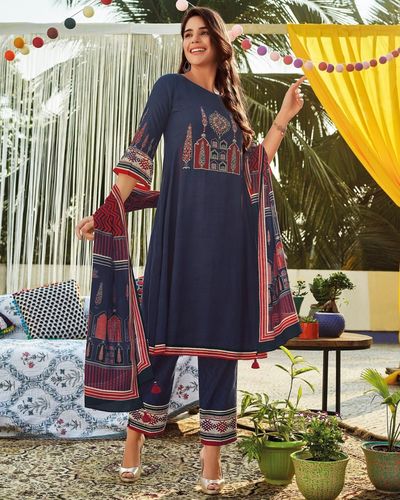 Navy blue ajrak digital printed and embroidered kurta by Satya Designs ...