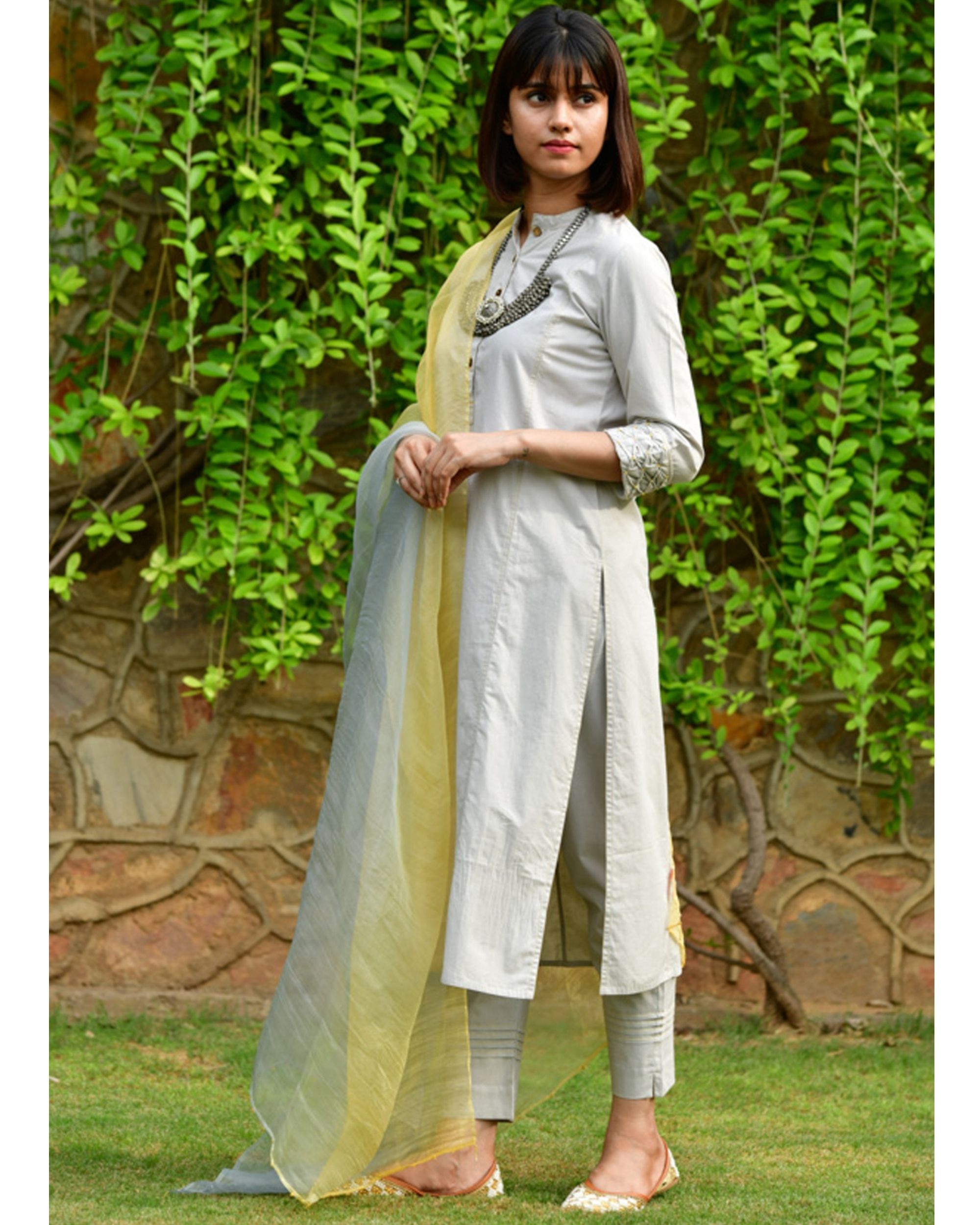 Smocked grey straight kurta with pants - set of two by Pachouli | The ...
