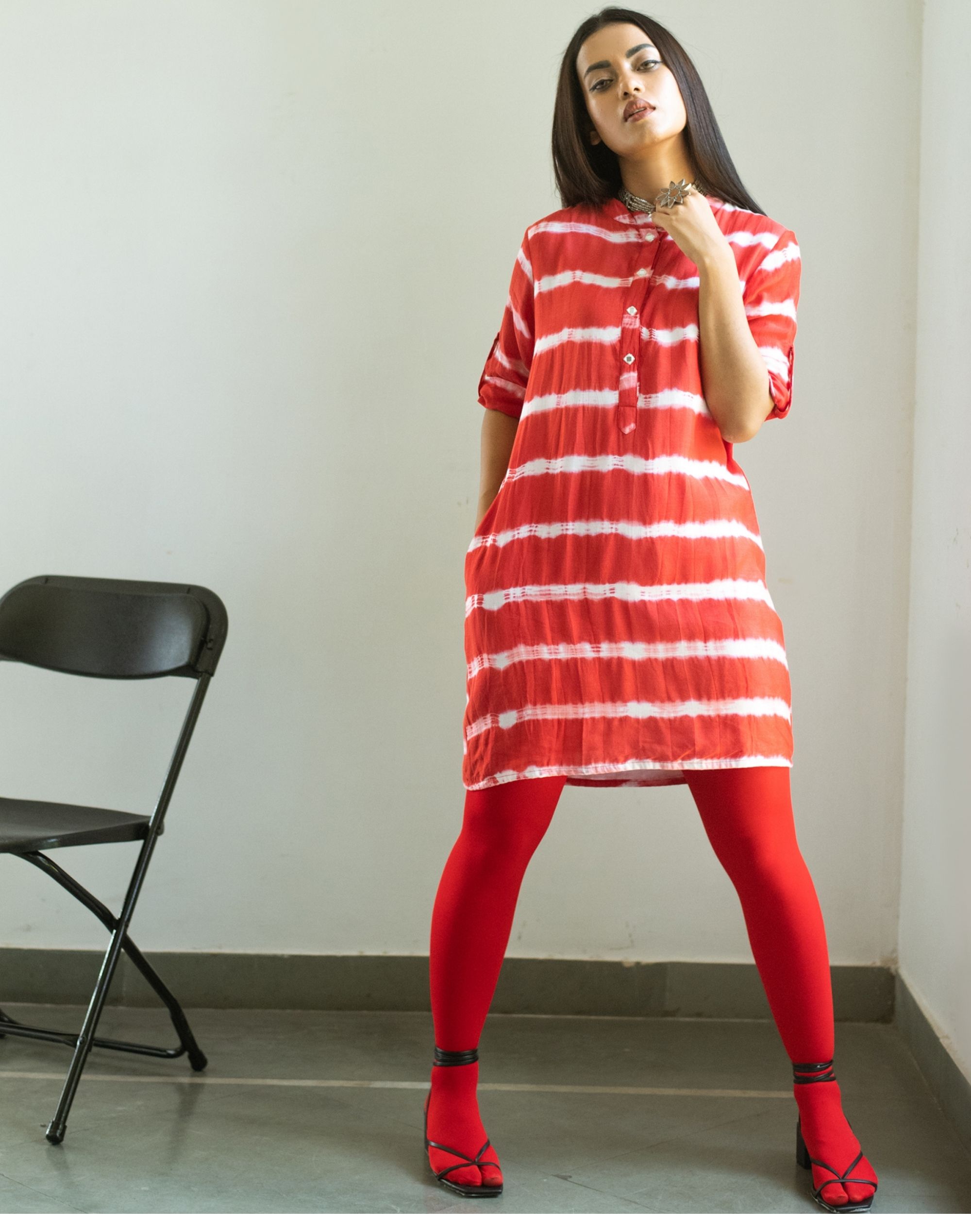 Red muslin silk lehriya shift dress by Gulaal | The Secret Label
