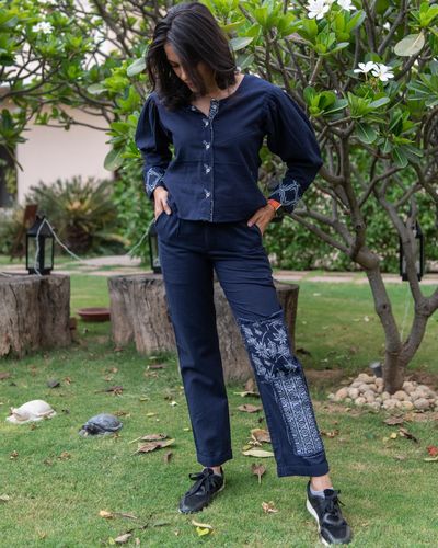 Navy blue patch work pant by Chappai | The Secret Label