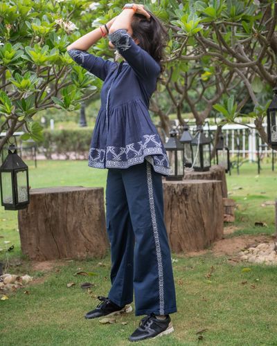 Navy blue printed pant by Chappai | The Secret Label