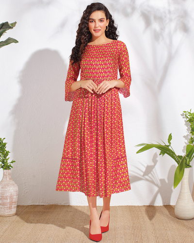 Fuchsia pink embroidered midi dress by Satya Designs | The Secret Label