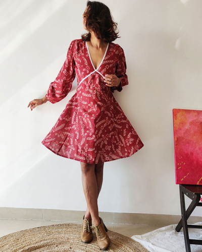 Printed maroon criss-cross dress by Why So Blue | The Secret Label