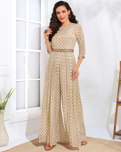 Beige printed and embroidered jumpsuit by Satya Designs | The Secret Label