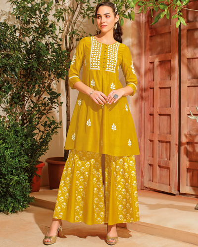 Mustard yellow embroidered suit set - set of two by Satya Designs | The ...