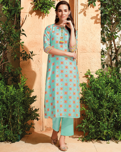Mint digital printed linen silk kurta by Satya Designs | The Secret Label