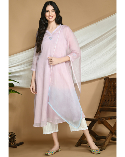 Old rose kurta with pants and organza stole set of four by Vintage Loom ...