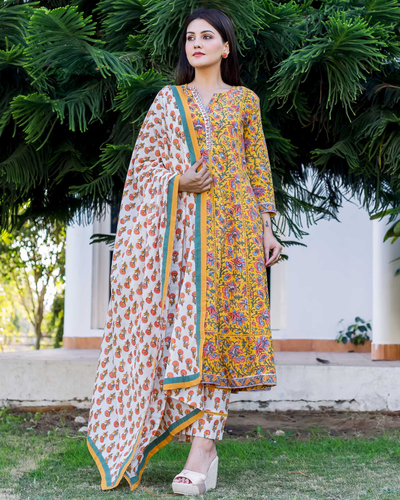 Mustard yellow hand block printed suit set - set of three by MissPrint ...