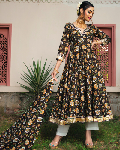 Brown hand block printed anarkali set - set of three by Pomcha Jaipur ...
