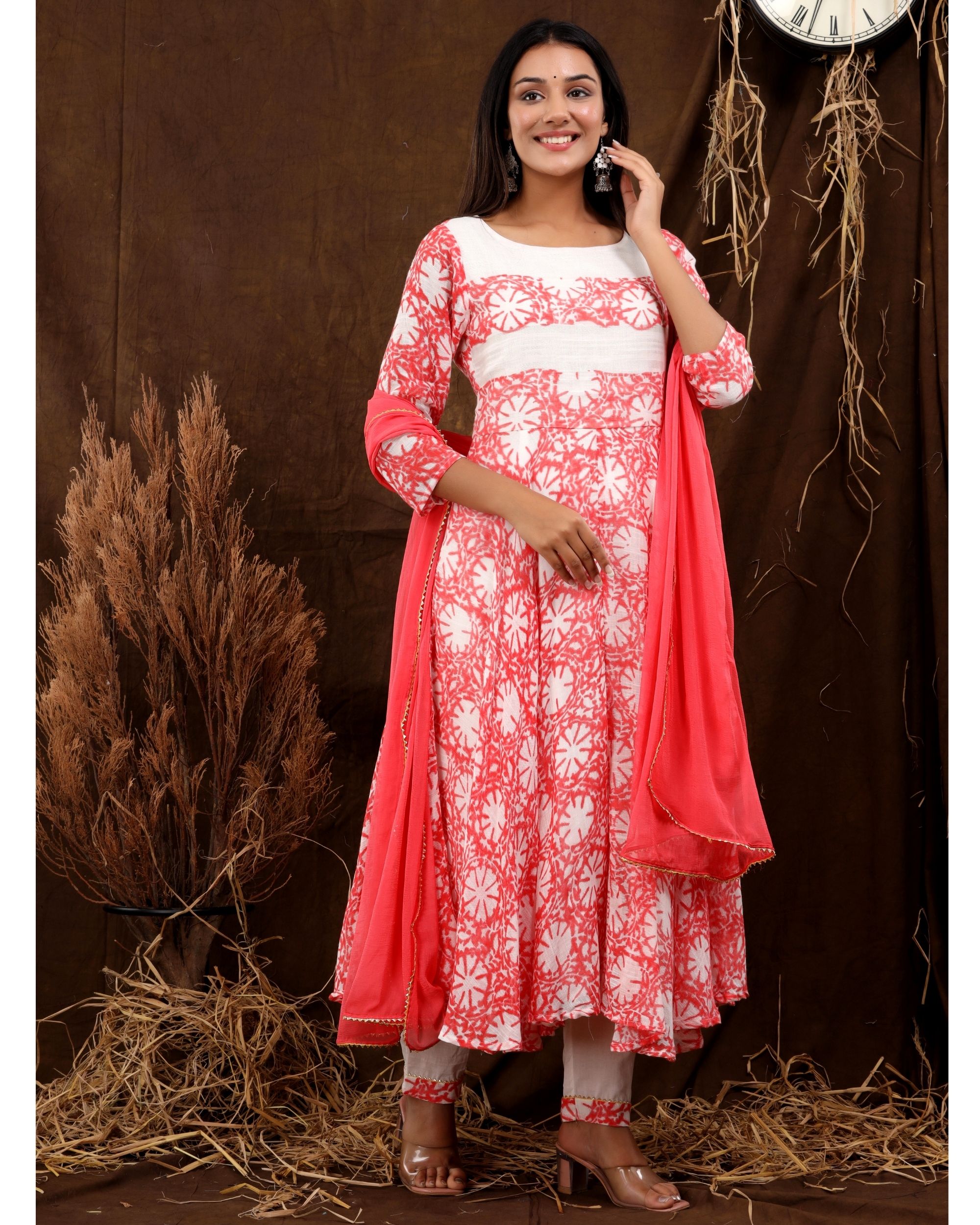 Red and white earthy block printed suit set - set of three by Chokhi ...