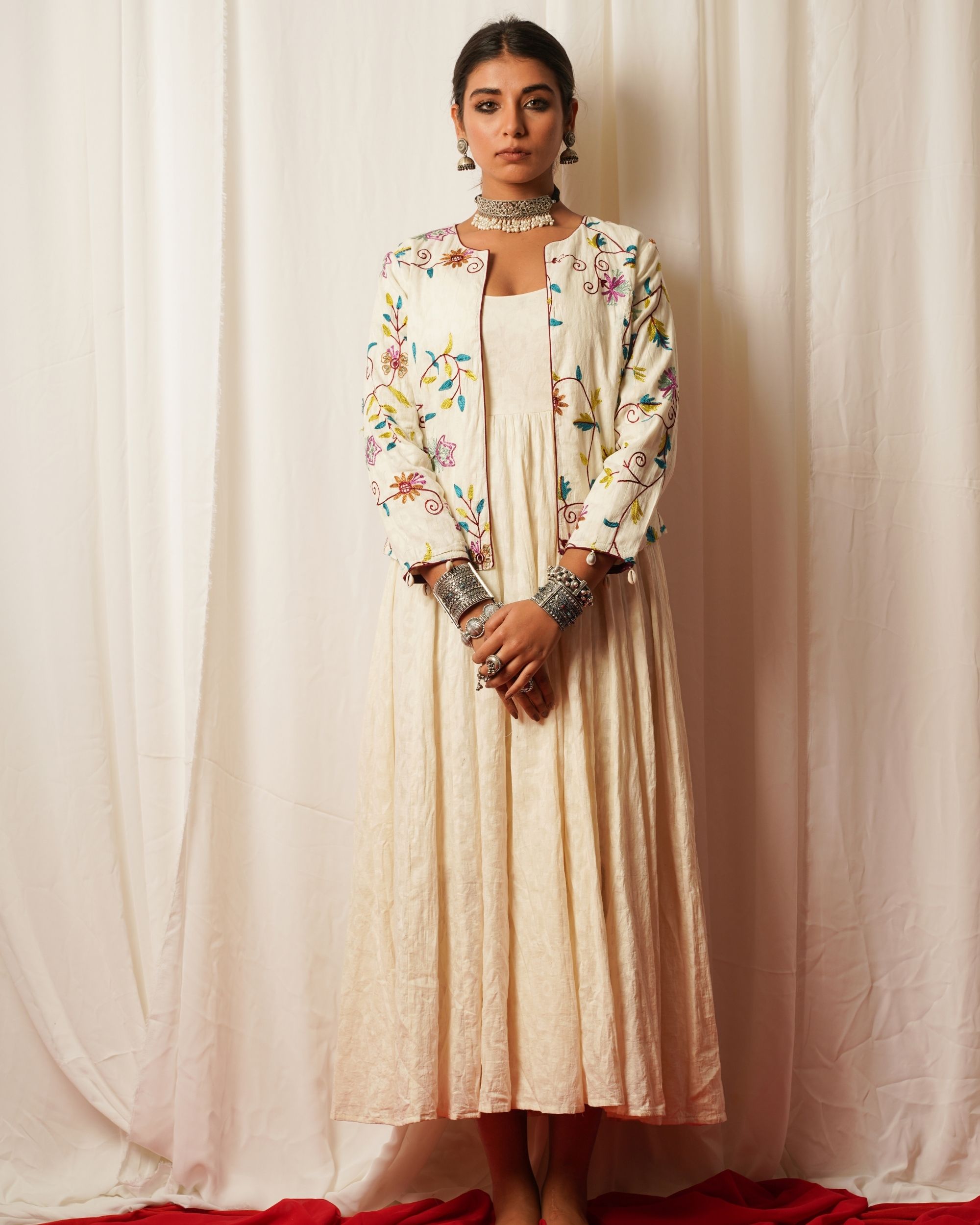 Ivory anarkali dress with embroidered jacket - set of two by Keva | The ...