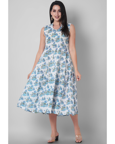 White and blue hand block printed dress by Anikanjli | The Secret Label