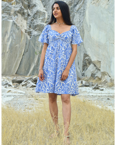 Blue floral printed flared dress by Oodeypore | The Secret Label