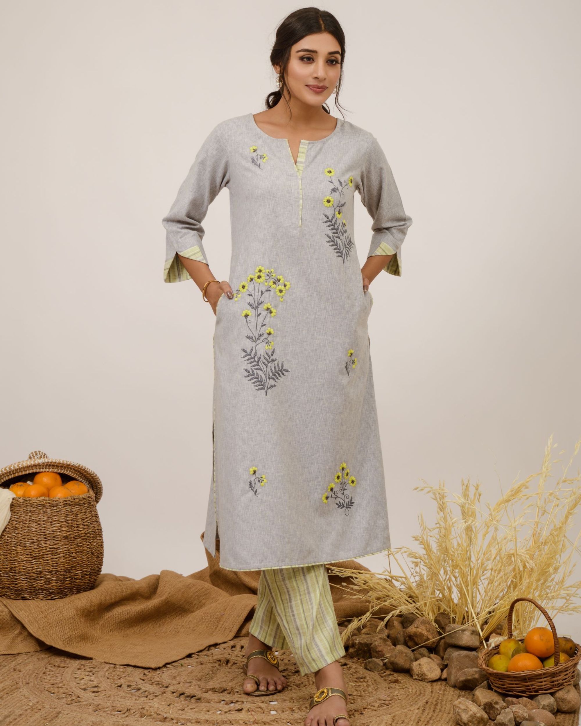 Grey kurta with striped pants - set of two by Rahi Label | The Secret Label