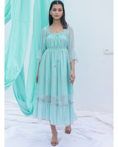Light blue flared chiffon dress by Chappai | The Secret Label